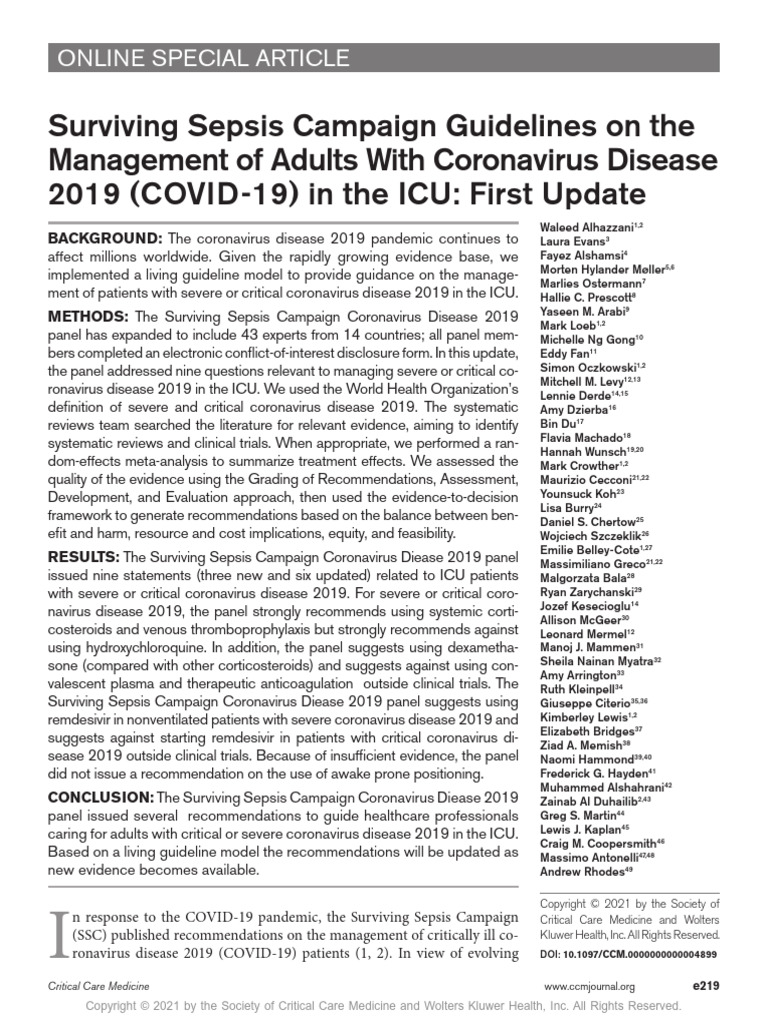 2021 Surviving Sepsis Campaign Guidelines On The Management of Adults ...