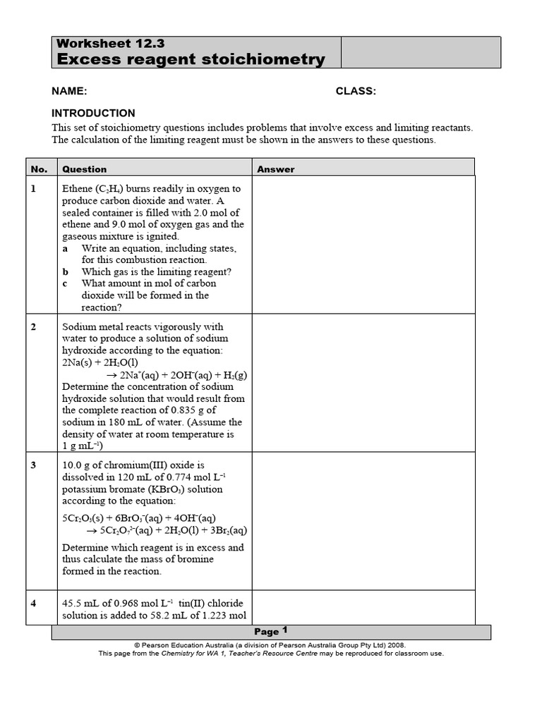 Excess Reagent Stoichiometry Worksheet | PDF | Stoichiometry | Chemical ...