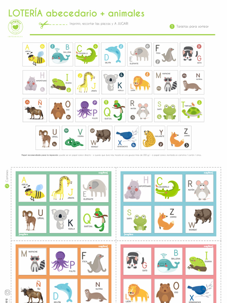 LOTERIA Abecedario Animalitos - 12 Cartones - A4 - 2023 | PDF