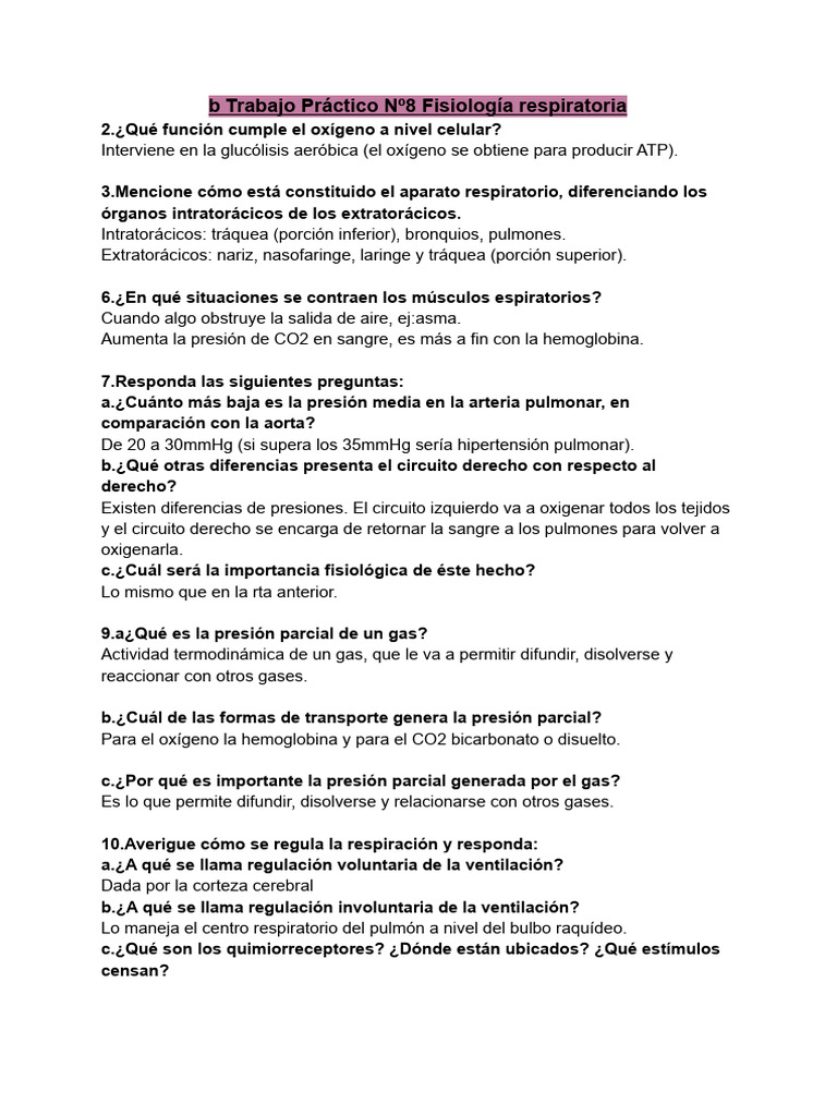 Trabajo Práctico Nº8 Fisiología respiratoria (1) | PDF | Pulmón | Sistema respiratorio