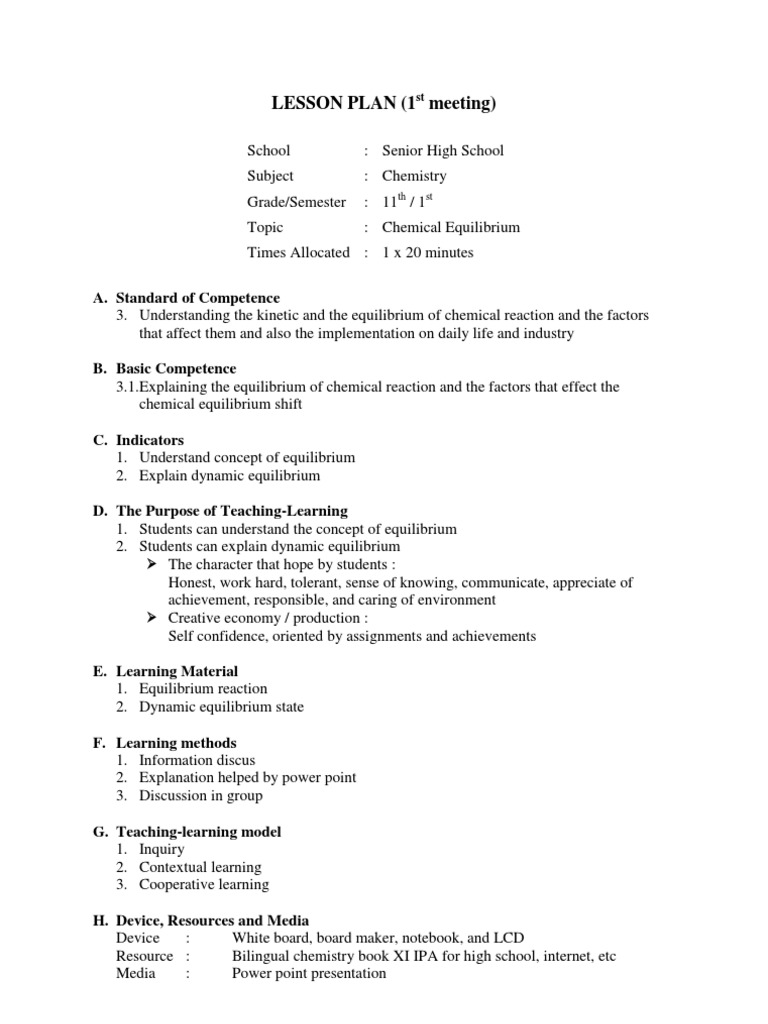 Lesson Plan 1 | PDF | Lesson Plan | Chemical Equilibrium