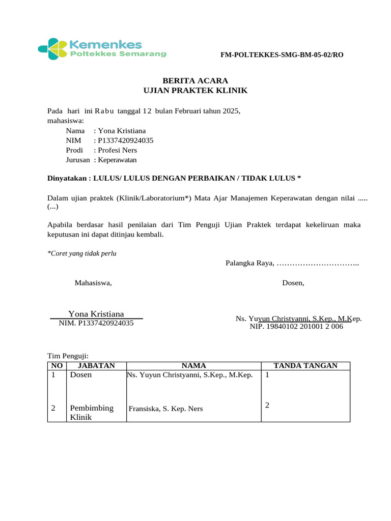 Form Ba Seminar Dan Ujian - Ners Kelas Kerjasama Angkatan 3 | PDF