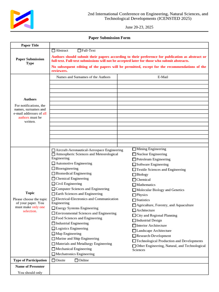 Paper Submission Form ICENSTED2025 | PDF | Engineering | Science