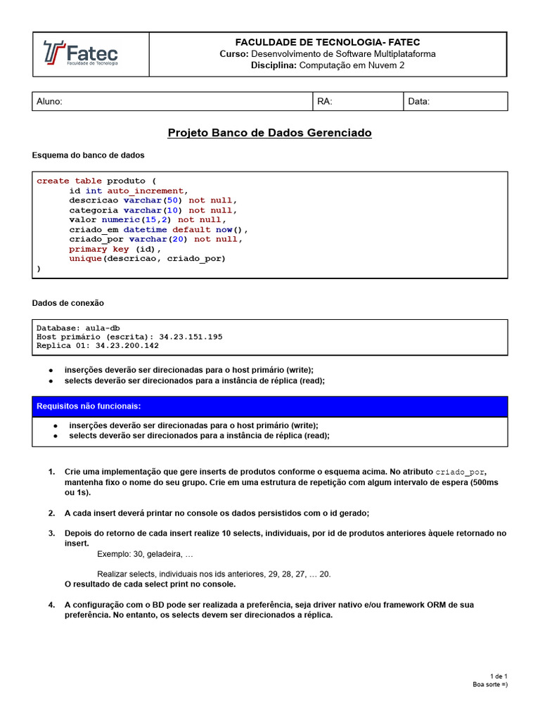 Nuvem - Atividade BD Gerenciado-2 | PDF