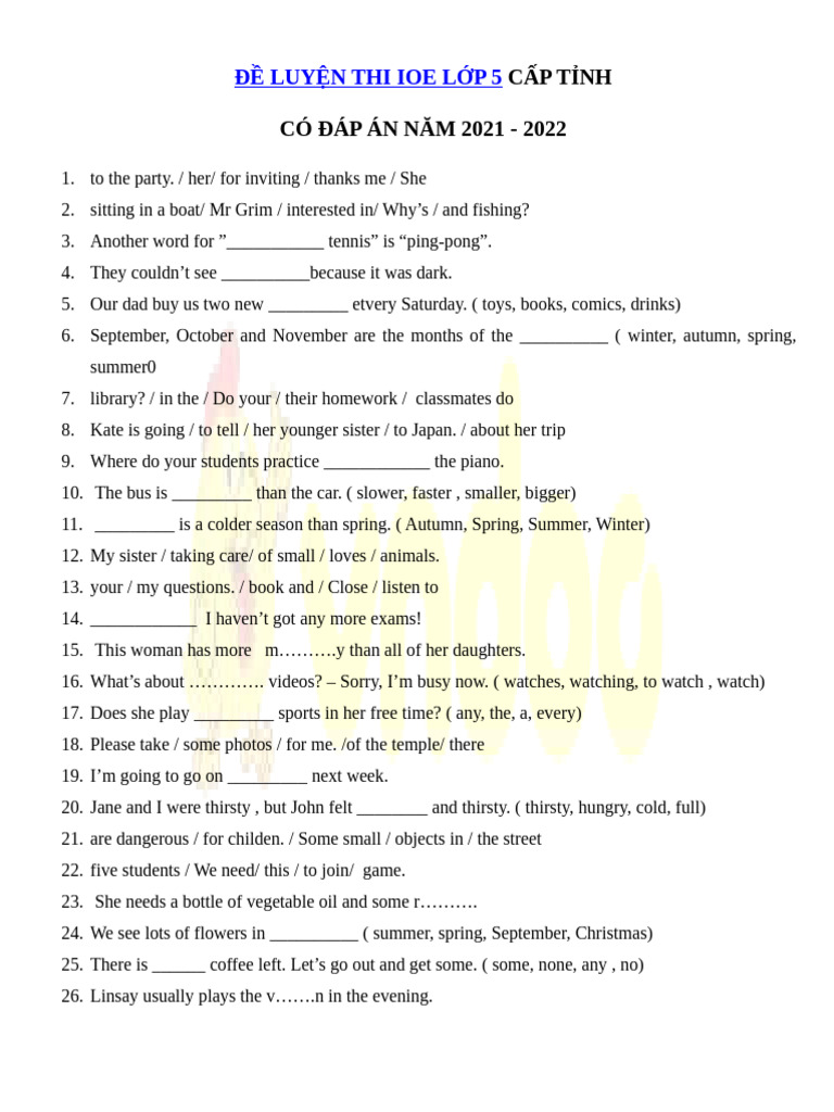 de-luyen-thi-ioe-lop-5-cap-tinh | PDF | Cuisine | Foods