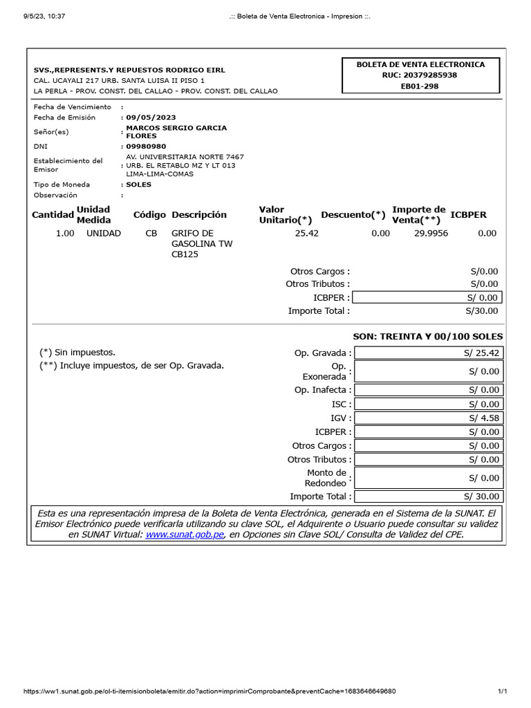 Boleta de Venta Electrónica SUNAT | PDF