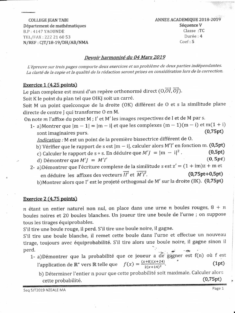 Coll Jean Tabi Maths TC Seq5 2019-1 | PDF