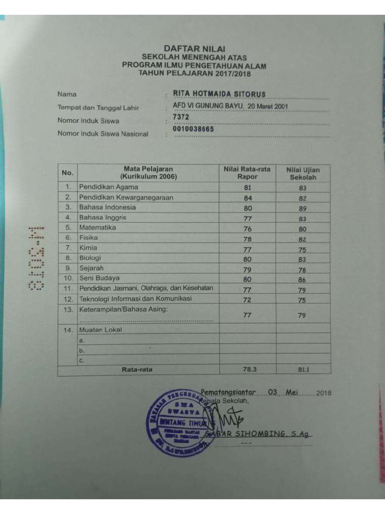 Daftar Nilai Sma | PDF