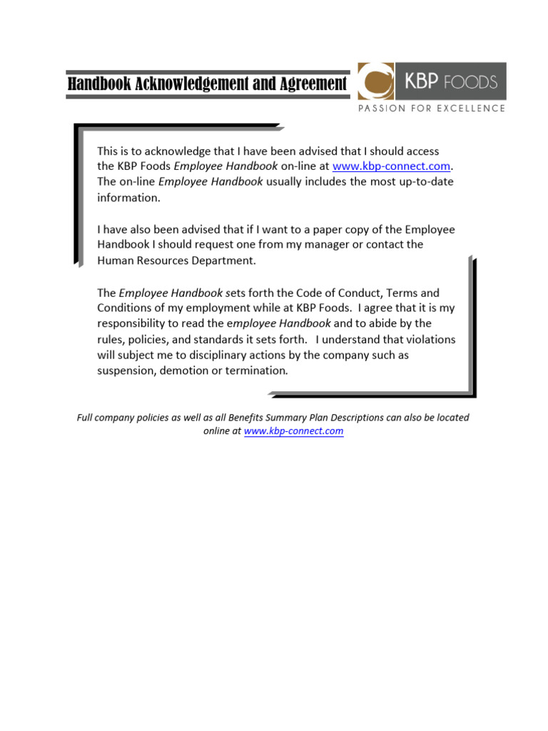 KBP Handbook Acknowledgement and Agreement (003) | PDF