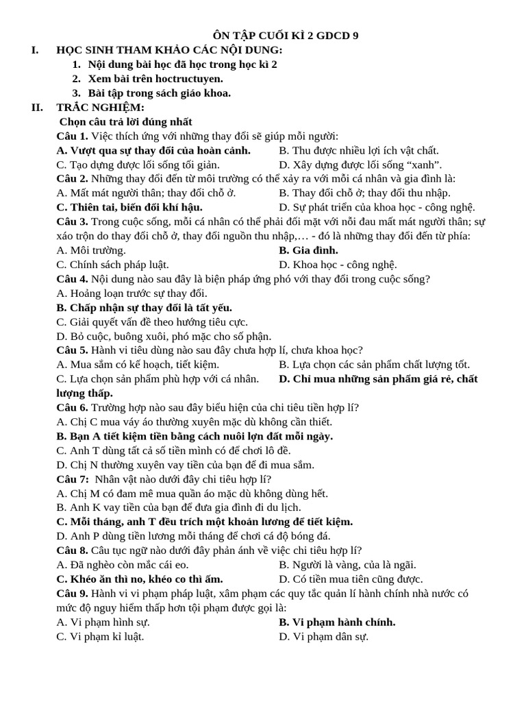 ÔN TẬP CUỐI KÌ 2 GDCD 9 | PDF
