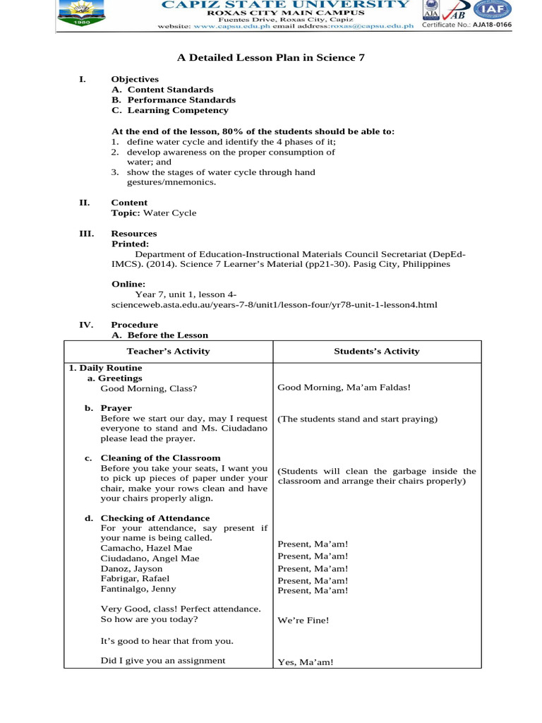 A Detailed Lesson Plan in Science 7 Aaaa | PDF | Water | Precipitation