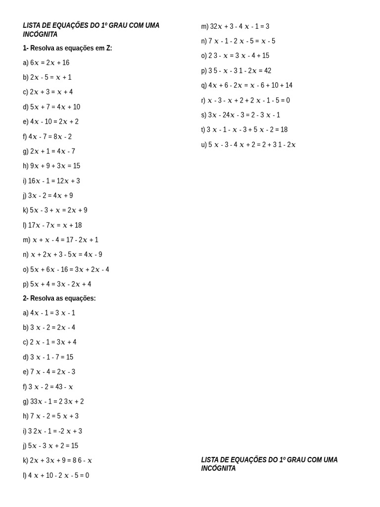 Lista de Equações do 1º Grau | PDF