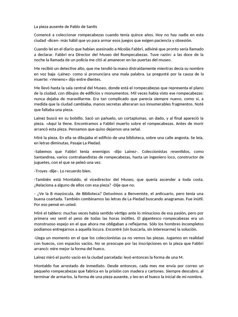 La Pieza Ausente de Pablo de Santis | PDF