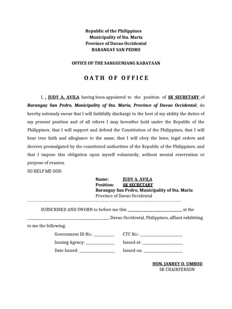 SK Secretary Oath of Office | PDF