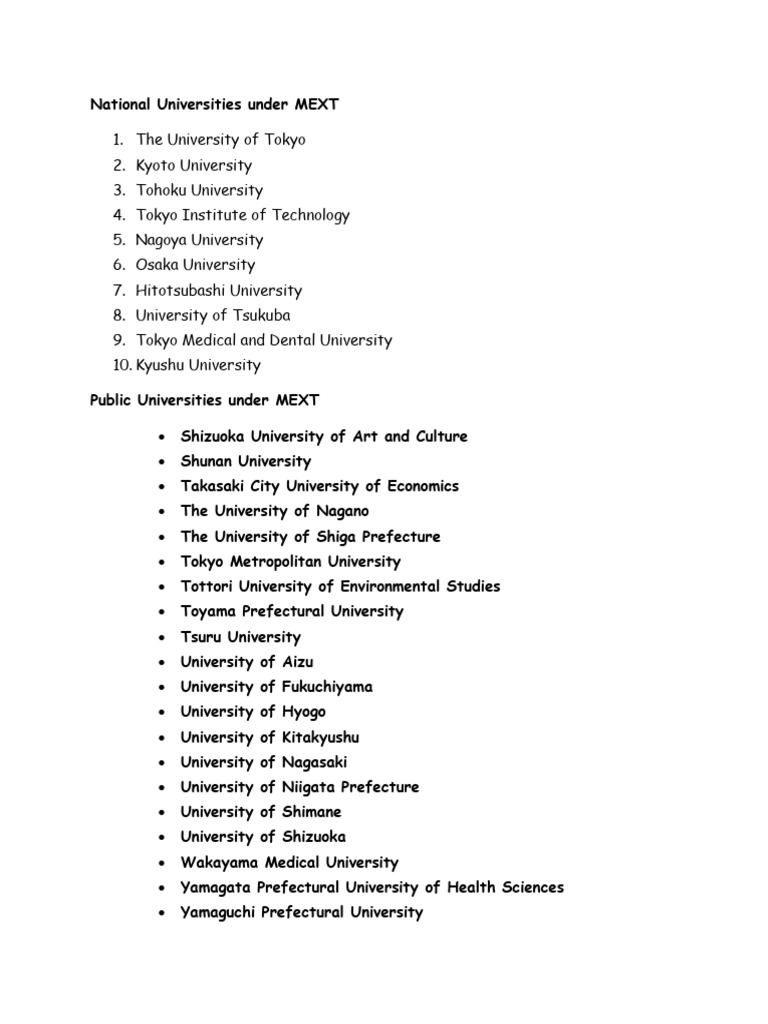 UNIVERSITIES (Under MEXT) LIST | PDF | Japan