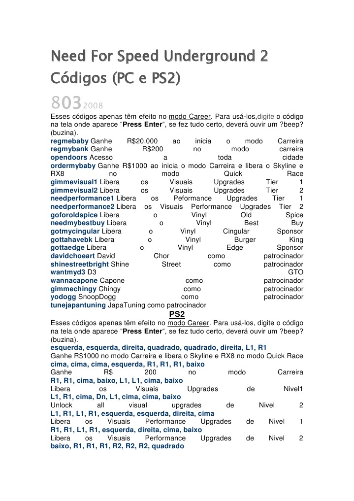 Need For Speed Underground 2 Códigos | PDF | Jogos eletrônicos | Videogames