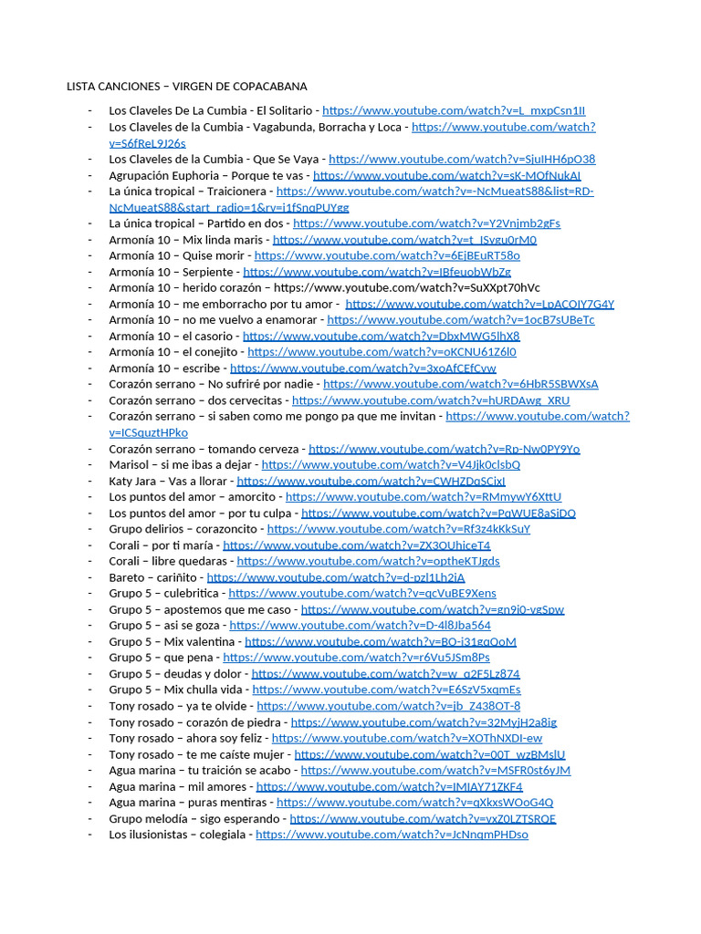 Lista Canciones - Virgen de Copacabana | PDF