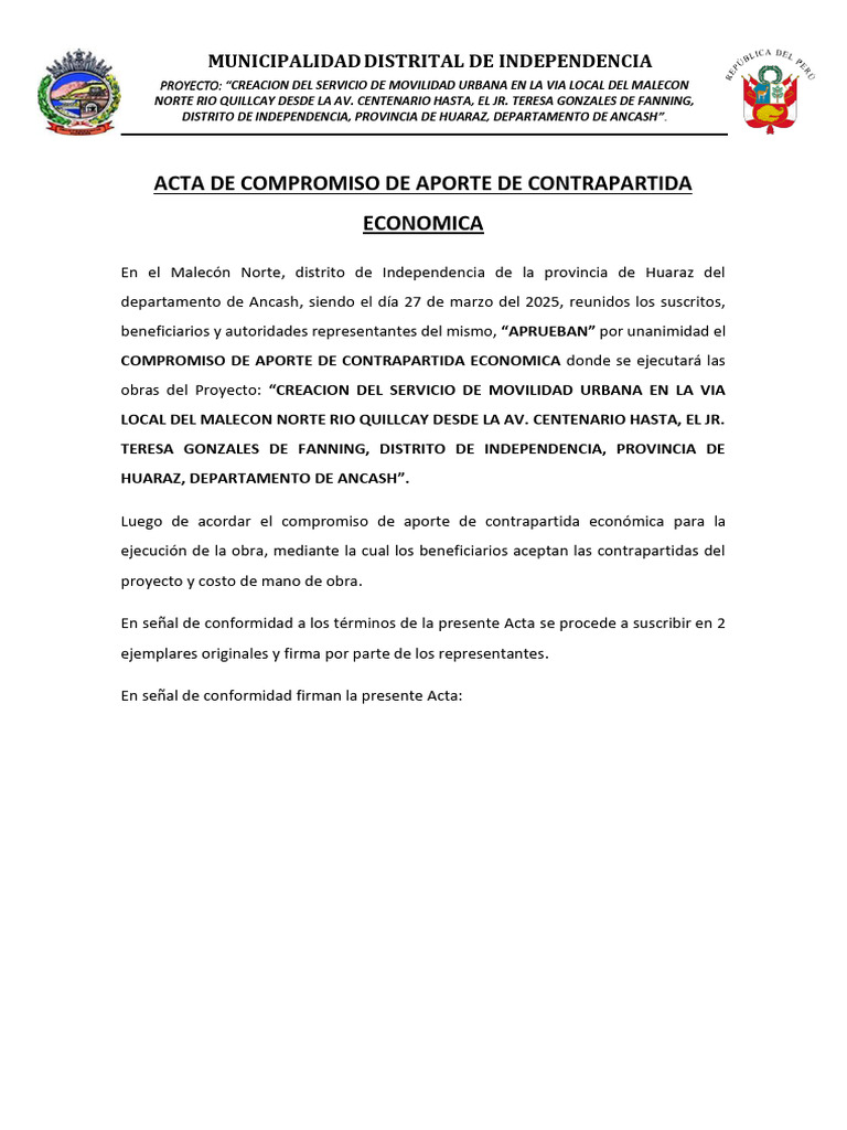 Acta de Compromiso de Aporte de Contrapartida Economica | PDF