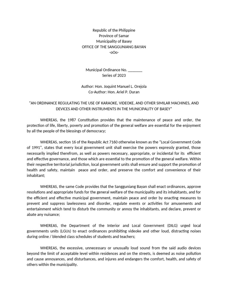 Basey Karaoke and Videoke Regulation Ordinance | PDF | Noise | Local ...
