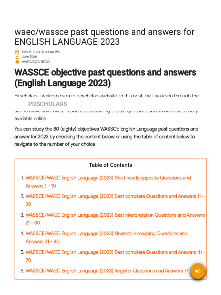 Waec - Wassce Past Questions and Answers For ENGLISH LANGUAGE-2023 | PDF