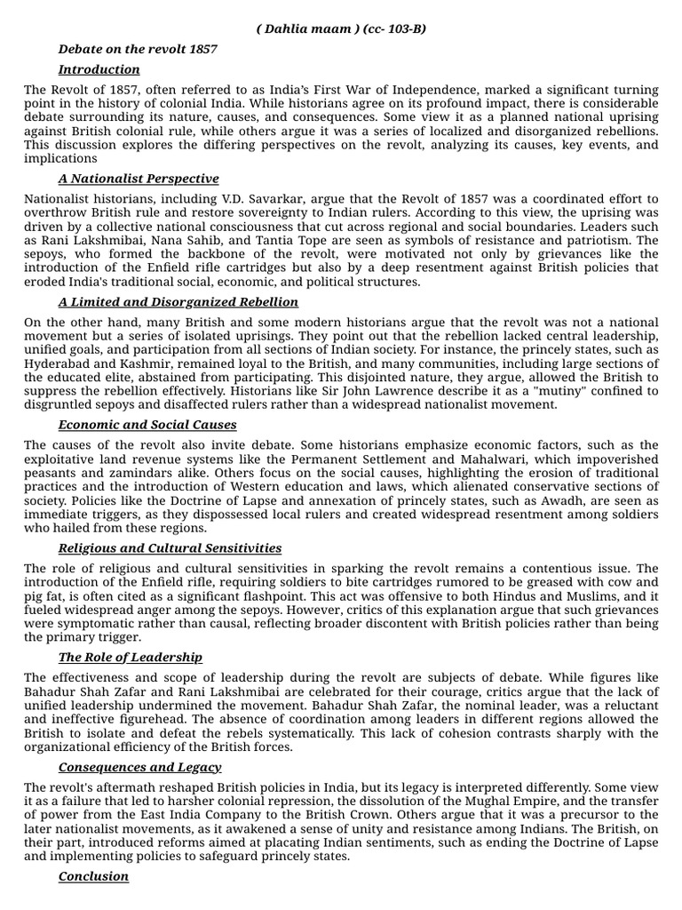 Analyzing the Revolt of 1857 | PDF | Indian Rebellion Of 1857 | Rebellions