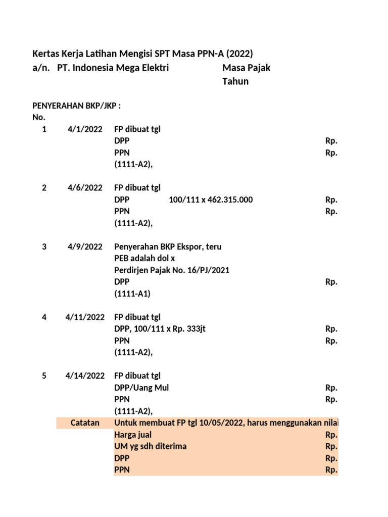 Kertas Kerja (Blank) SPT Masa PPN-A (2022) | PDF