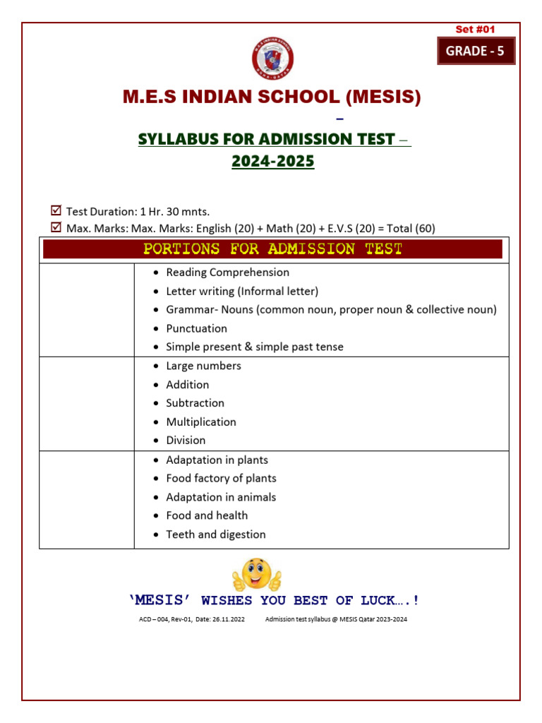 G5 Admission Test Syllabus 24-25 | PDF