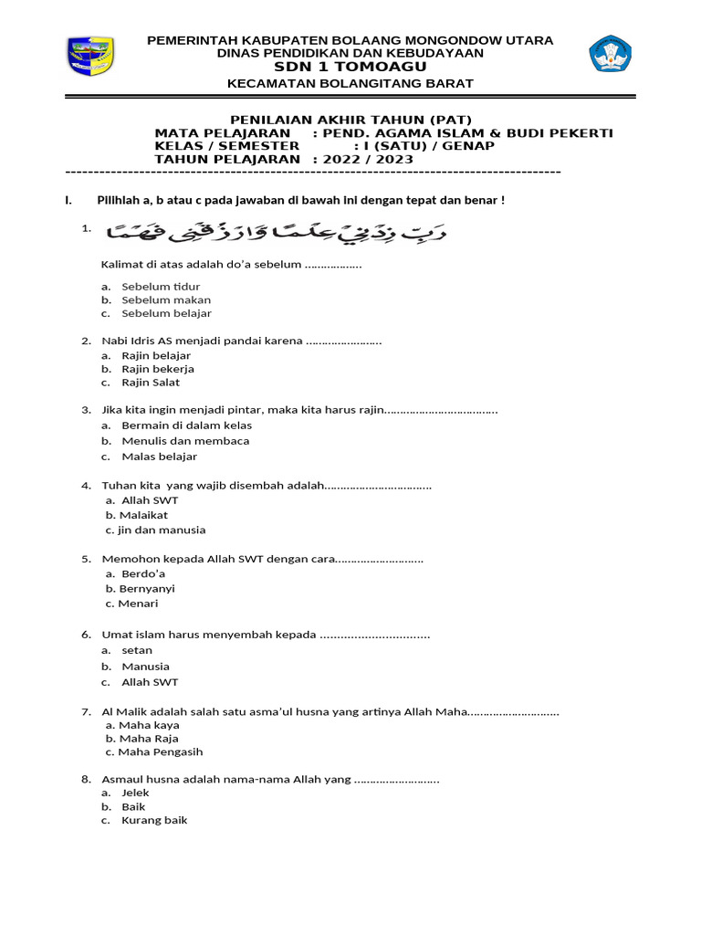 Soal Dan Jawaban Pai Pai Kelas 1 SMST Genap 2023 | PDF