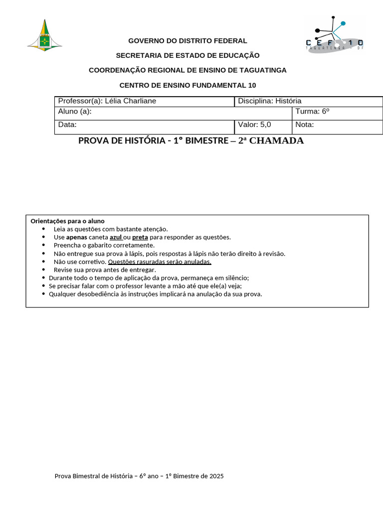 2025 - Prova Bimestral 2 Chamada - 6 Ano - 1 Bimestre | PDF