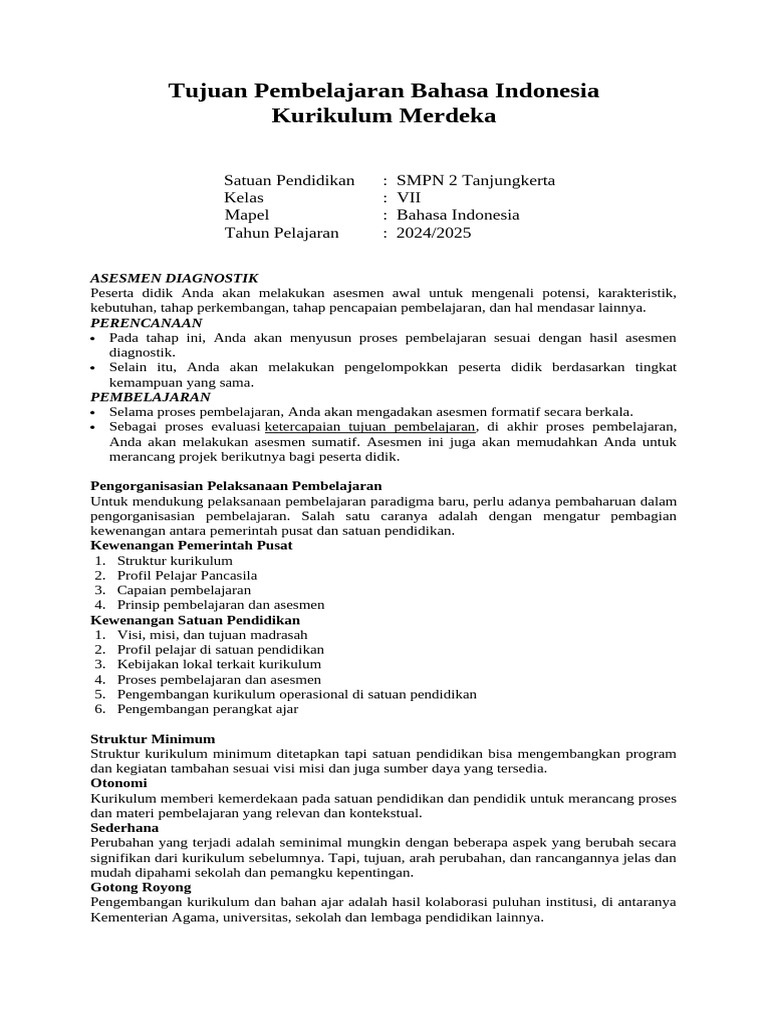 Tujuan Pembelajaran Bahasa Indonesia SMP | PDF