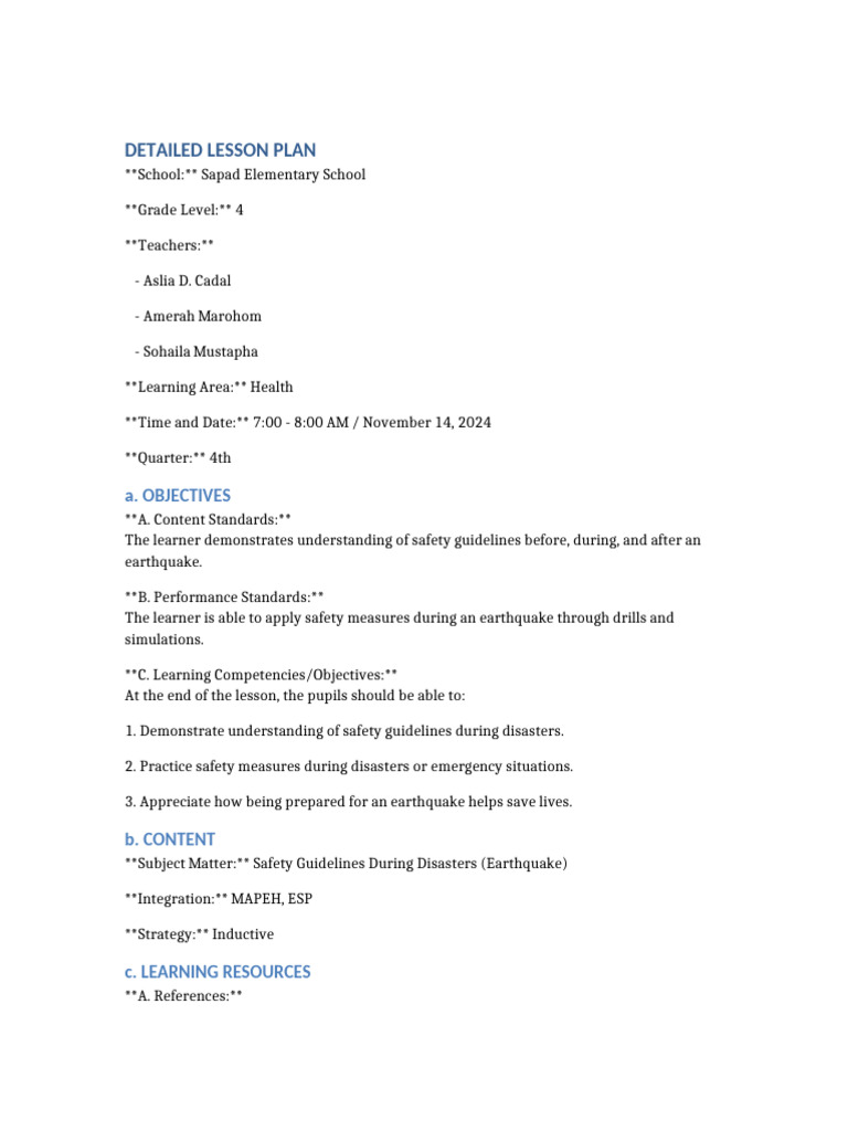 Detailed_Lesson_Plan_Earthquake (2) | PDF | Lesson Plan | Teachers