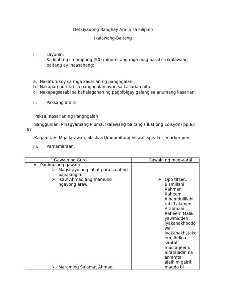 Detalyadong Banghay Aralin Sa Filipino | PDF
