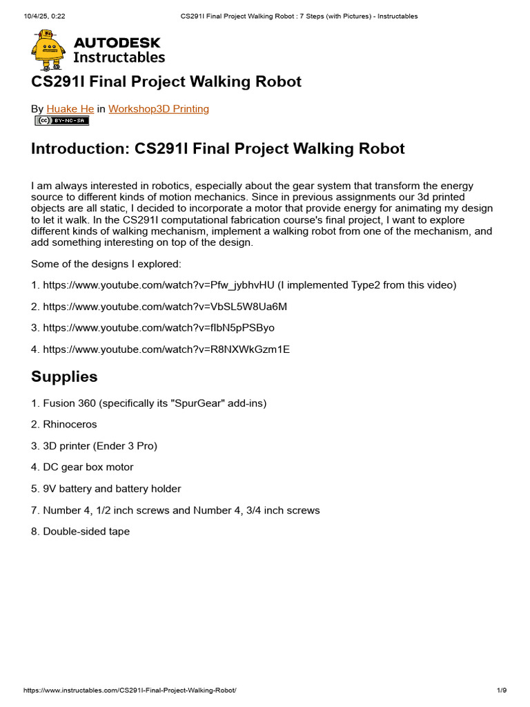 CS291I Final Project Walking Robot - 7 Steps (With Pictures) - Instructables | PDF | Gear ...