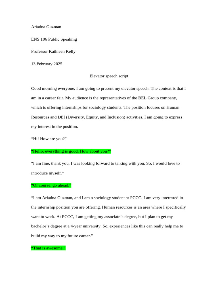 Elevator Speech Script W Partner | PDF