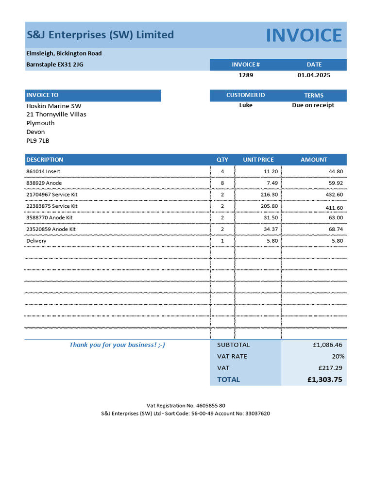 Invoice for Hoskin Marine SW | PDF
