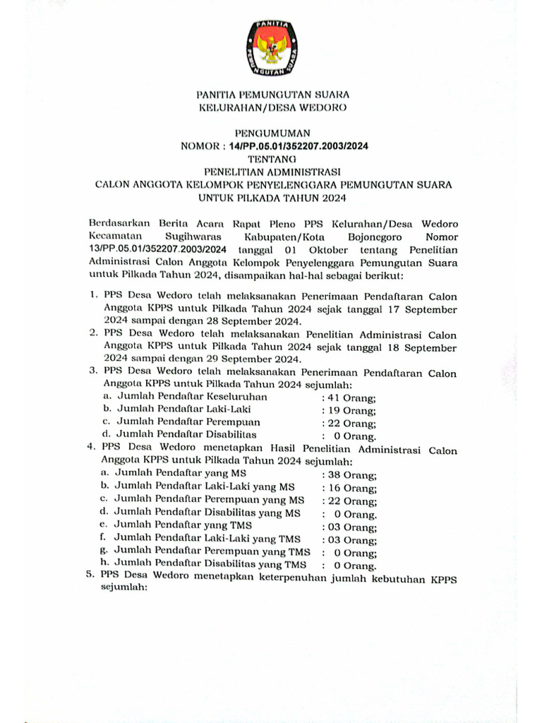 Pengumuman Penelitian Administrasi Calon Anggota Kpps Desa Wedoro | PDF