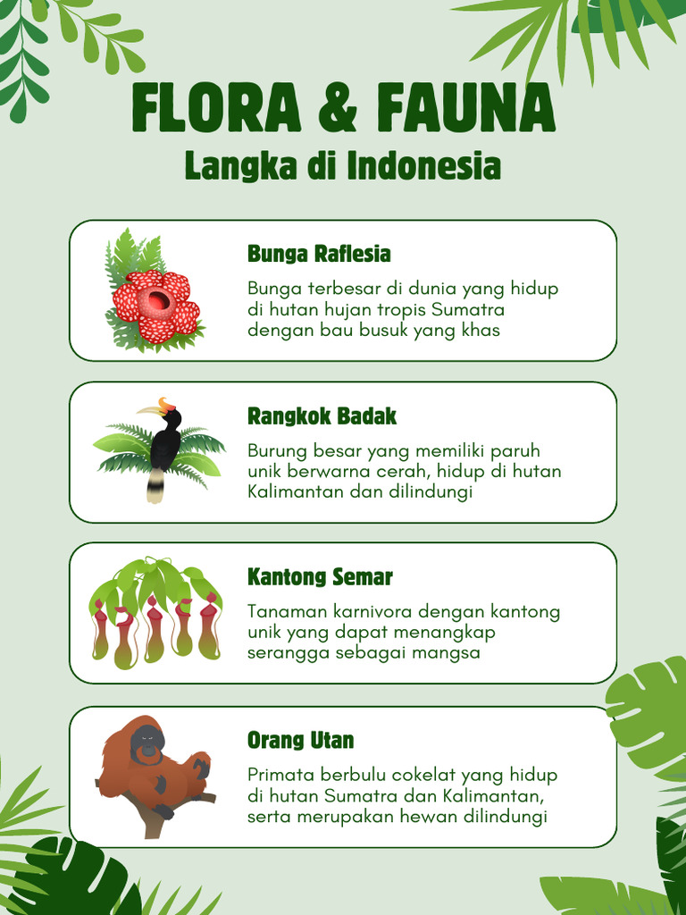Flora Dan Fauna Langka Di Indonesia Poster Pendidikan Hijau Ilustrasi | PDF