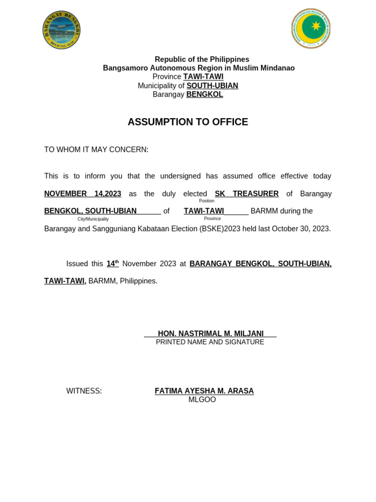 SK Treasurer Assumption of Office Notice | PDF