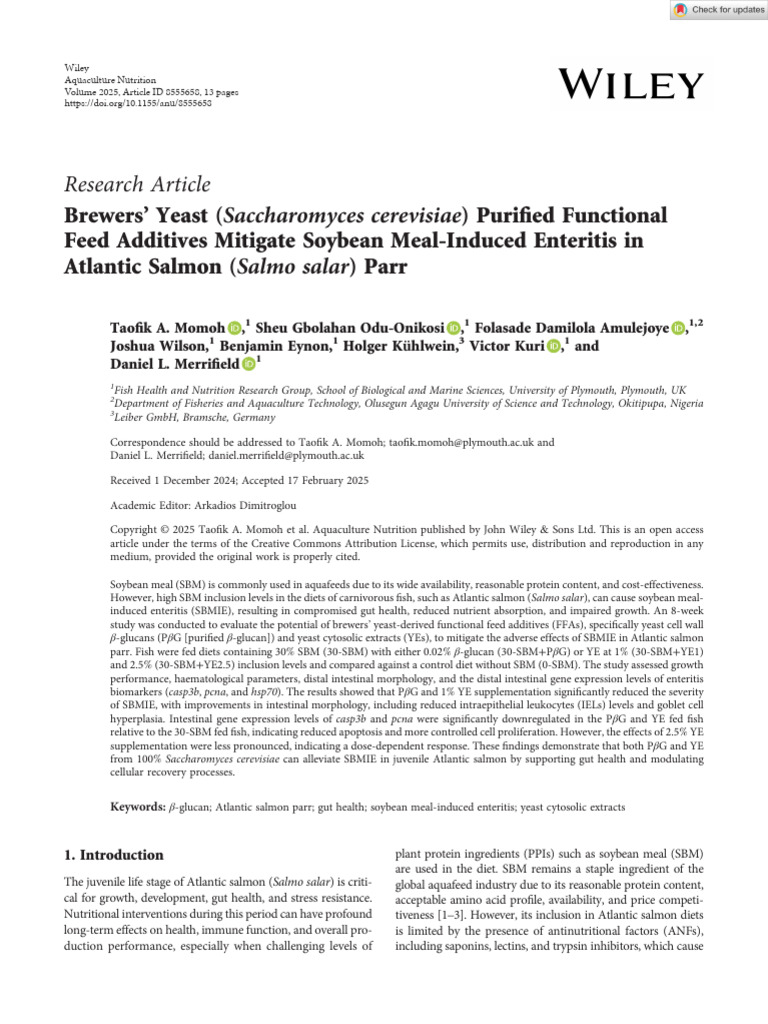 Aquaculture Nutrition - 2025 - Momoh - Brewers Yeast Saccharomyces ...