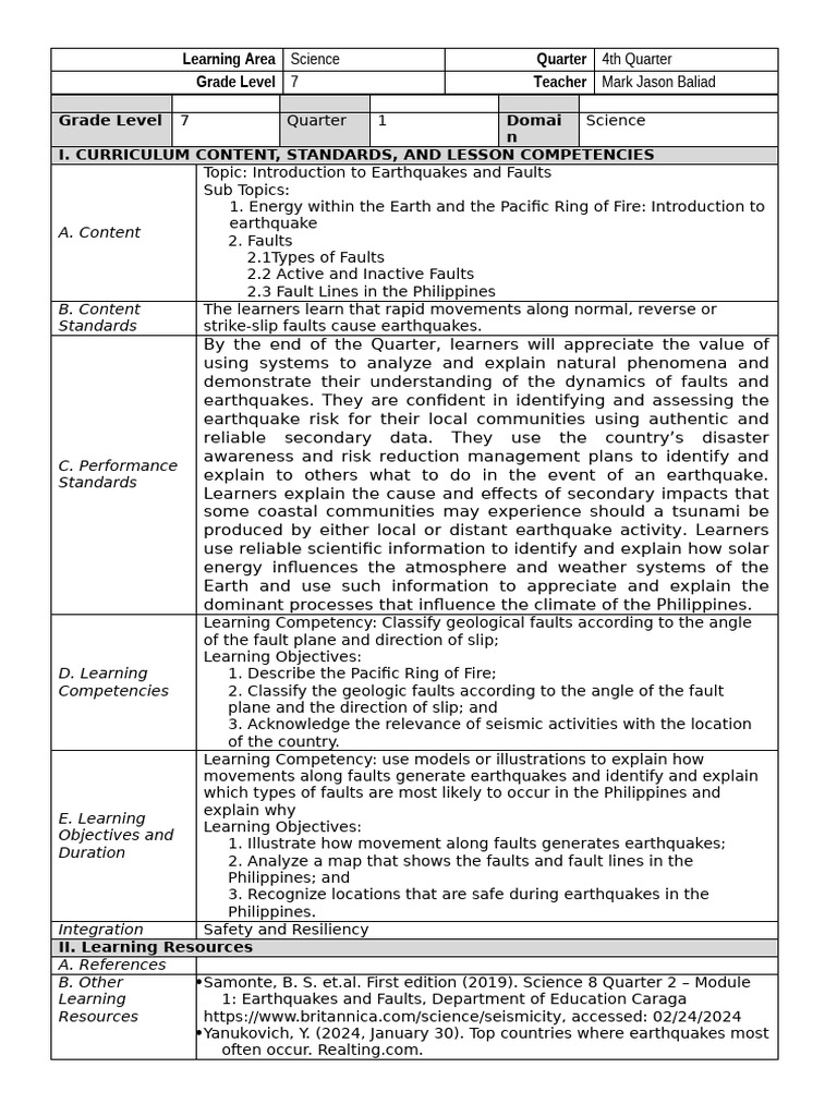 Week 1 Day 1 Lesson Plan | PDF | Earthquakes | Fault (Geology)
