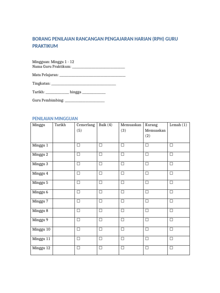 Template Borang Penilaian Rph Setiap Minggu | PDF