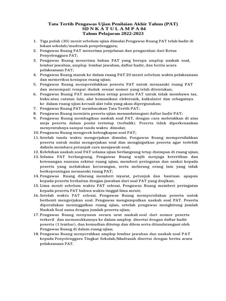 Tata Tertib Pengawas Ujian Penilaian Akhir Tahun | PDF