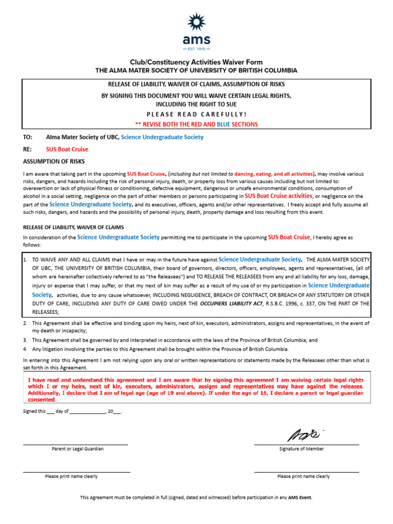 UBC SUS Boat Cruise Waiver Form | PDF | Legal Liability | Common Law