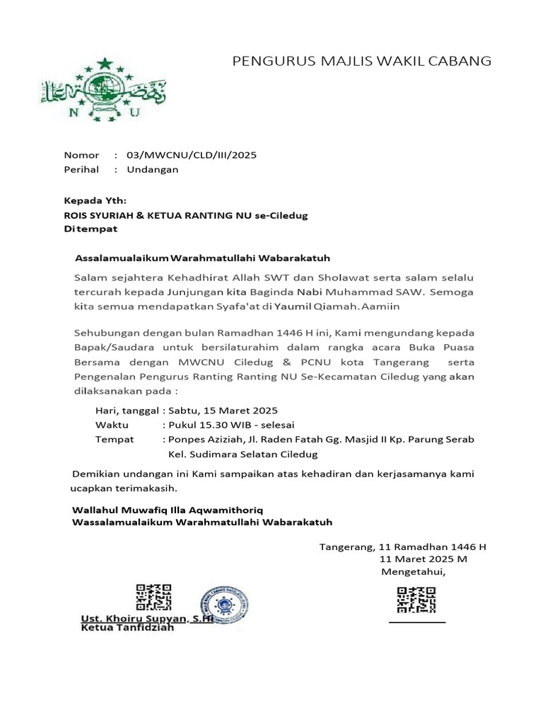 Undangan Bukber Ranting NU - MWCNU Ciledug & PCNU KoTAng | PDF