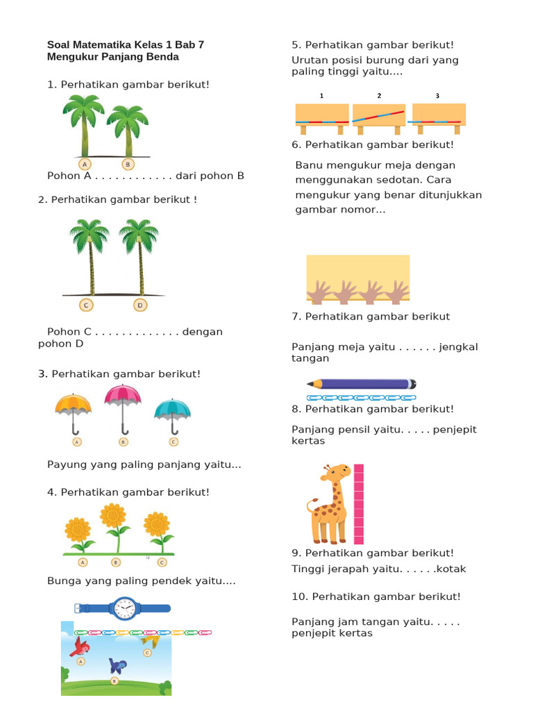 Soal Mengukur Panjang Kelas 1 | PDF