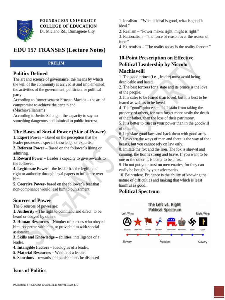 Edu 157 Transes (Prelim Lecture Notes) | PDF | Monarch | Heads Of State