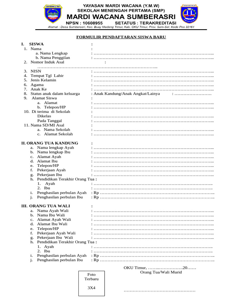 Formulir Pendaftaran PPDB SMP MW | PDF