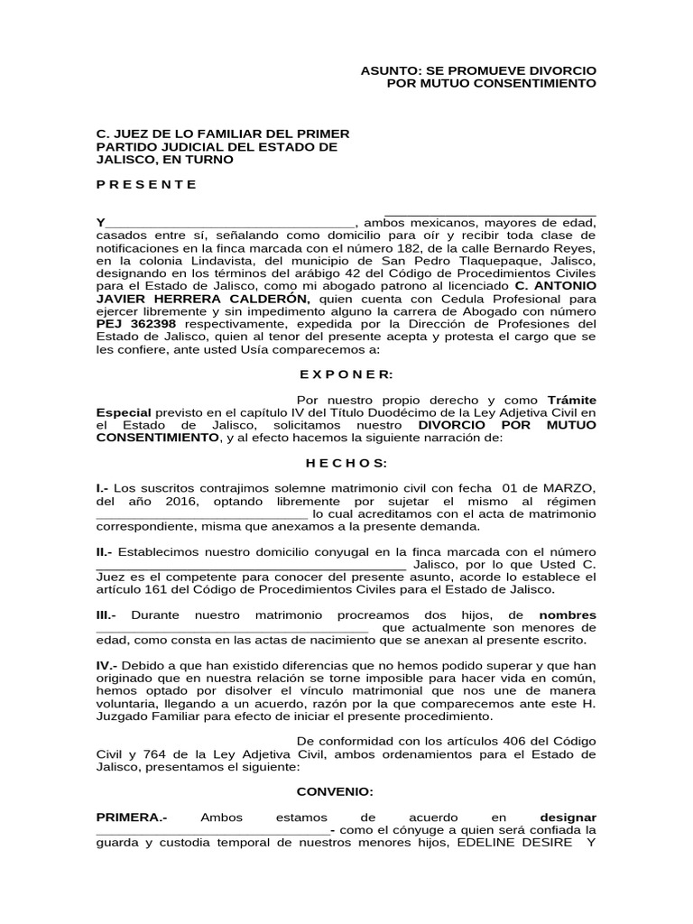 Demanda Divorcio Mutuo Consentimiento | PDF | Divorcio | Demanda judicial