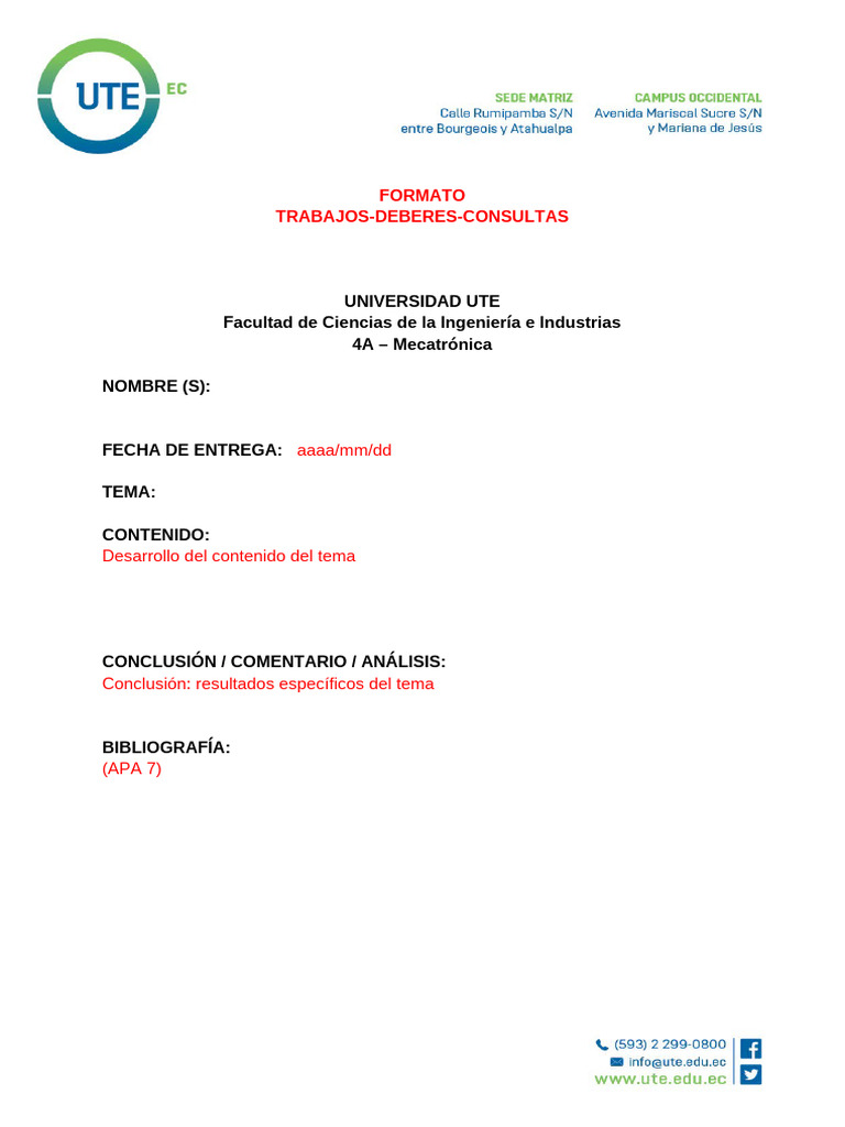 Formato Trabajos, Deberes, Consultas y Exposiciones | PDF