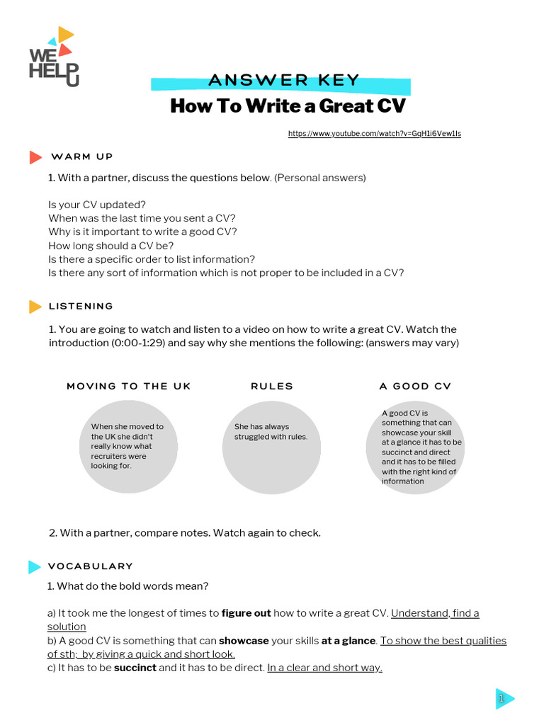 Advanced - How To Write A Great CV - Answer Key | PDF | Human Communication